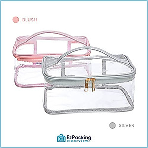 Large Cosmetic Bag for Women / Clear, See-Through Makeup, Hair & Nail Accessories Pouch for Travel or Home / Transparent PVC Plastic Organizer, Spacious Interior, Handle & Double Zippers (Silver)