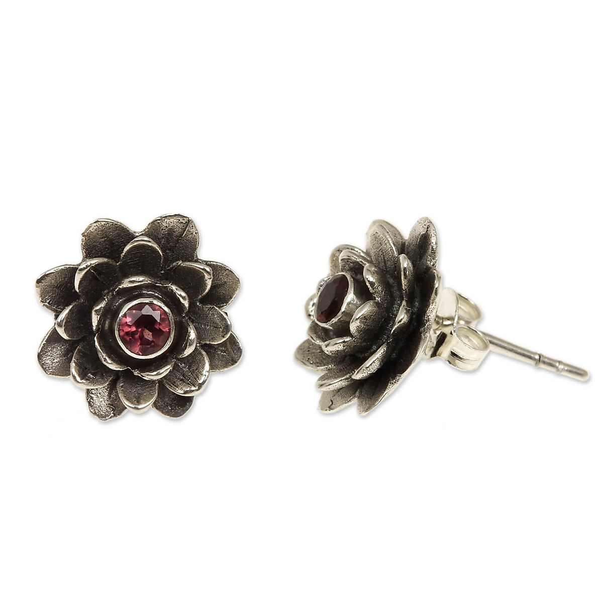 NOVICA Artisan Handmade Garnet Flower Earrings Floral Sterling Silver Red Button Indonesia Birthstone [earrings 0.5 in L x 0.5 in W Garnet 0.2 in Diam.] ' Redeyed Lotus'