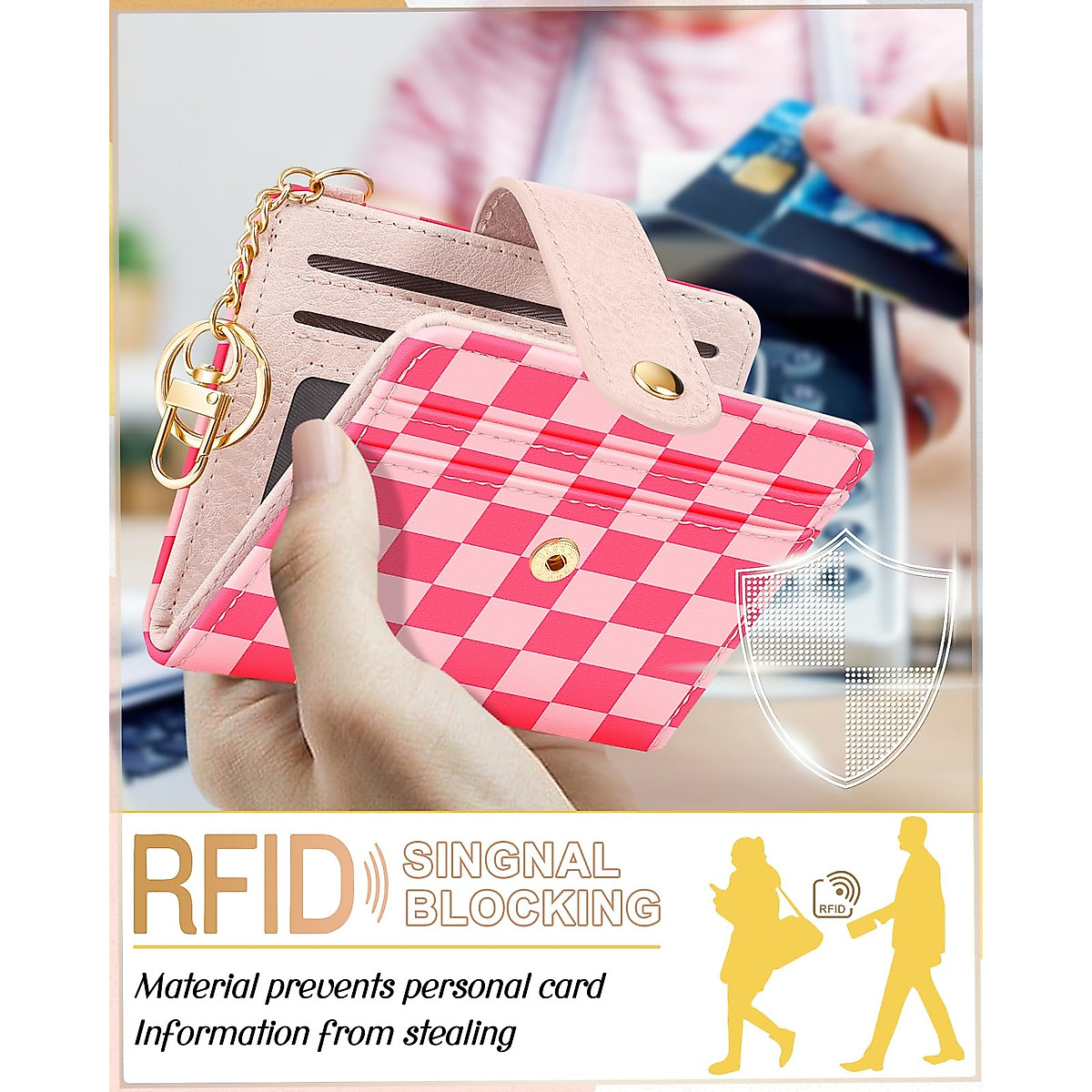 Bistup Wallet for Women Cute Bifold Small Card Wallet Rfid with Keychain for Ladies Teen Girls Female Medium Girly Aesthetic Thin Slim Checkered Plaid Unique Pretty Leather Credit Card Holder Purse
