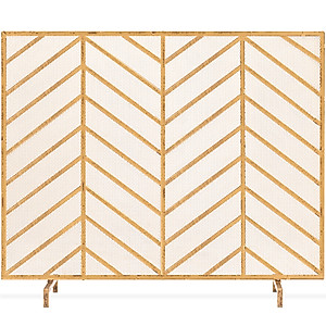 Best Choice Products 38x31in Single Panel Handcrafted Wrought Iron Mesh Chevron Fireplace Screen, Fire Spark Guard for Living Room, Bedroom Décor w/Distressed Antique Finish - Gold