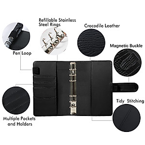 A6 6 Ring Budget Binder - Crocodile Pattern Leather Notebook Binder, Small Refillable Planner Cover with Magnetic Buckle, Black