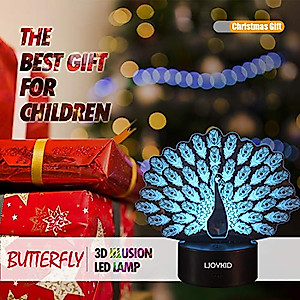 LJOYKID 3D Led Night Light Lamps - Optical Illusion 7 Colors Touch Table Desk Visual Lamp with Remote Control for Gifts for Children Kids (Peacock)