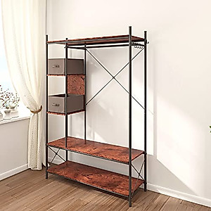 Ama Maker Metal Clothes Garment Rack With Shelves Heavy Duty Hanging Rod Free Standing Closet Rack and Shelving Black With Wood Board Wardrobe