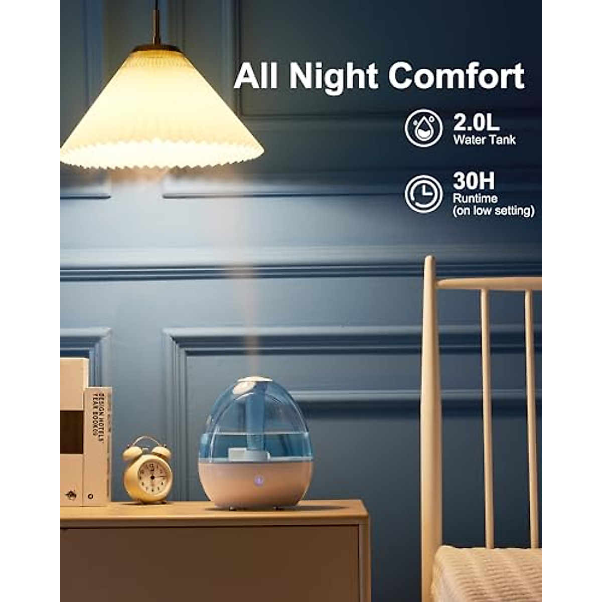 2L Cool Mist Humidifier for Bedroom with Nightlight, 30H Runtime, 360° Nozzle, Auto Shut-Off, Easy to Fill and Clean, Ideal for Home and Baby Nursery