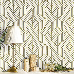 CiCiwind Peel and Stick Wallpaper White and Gold Geometric Wallpaper Removable Self Adhesive Wall Paper Gold Striped Hexagon Vinyl Contact Paper for Cabinets Shelf Drawer Waterproof 15.7"x78.7"Upgrade