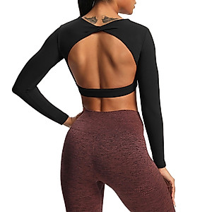 Aoxjox Long Sleeve Crop Tops for Women Define Sculpt Workout Cropped T Shirt Top (Black, Large)
