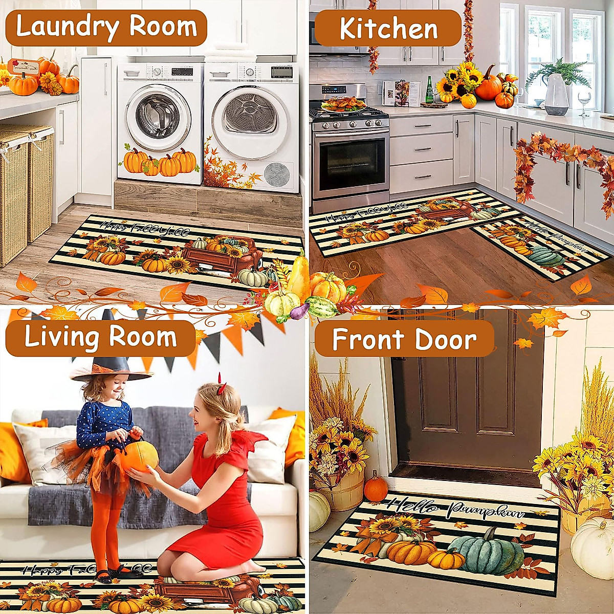 Ileading Fall Kitchen Rugs Sets 3 Piece with Runner Thanksgiving Sunflowers Rugs for Kitchen Happy Fall Y'all Kitchen Carpet Mat Autumn Harvest Kitchen Mats for Kitchen Laundry Room Office