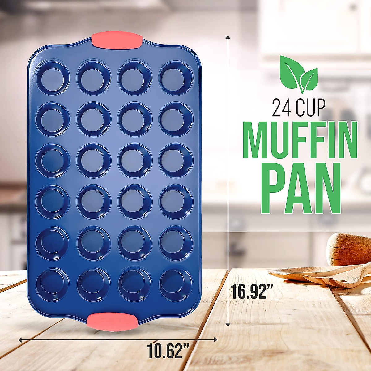 NutriChef 17” Nonstick Mini Muffin Pan - Premium Carbon Steel 24 Cup Baking Tray w/ Red Silicone Handles, Easy to Clean Mini Cupcake Bakewear - Dishwasher Safe, Blue