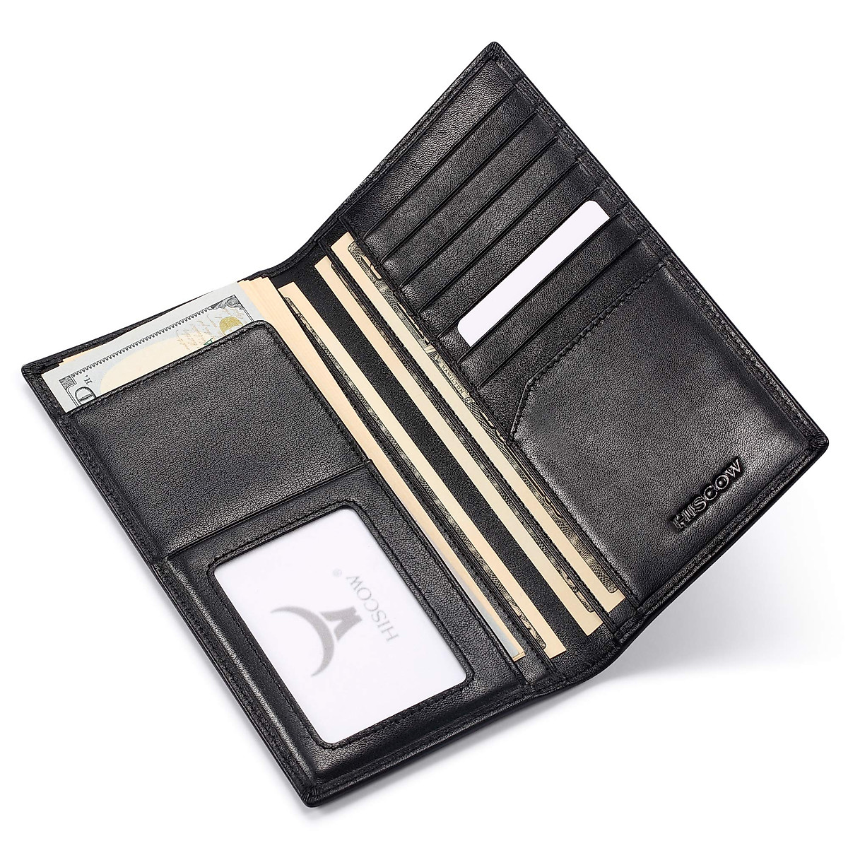 HISCOW Slim Leather Long Wallet for Men & Women, Italian Calfskin, Breast Pocket Wallet for Checkbook, Credit Cards (Black)