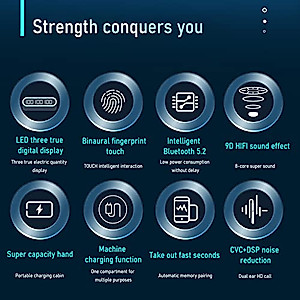 Ganfancp Wireless Earbuds,Bluetooth 5.2 in Ear Headphones,Waterproof Sport Earphones with Display Led Bars Charge Case,Bass Sound Earbuds for Sport,Game,Work