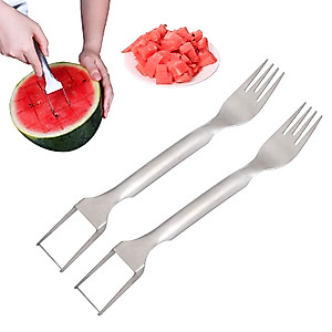 2 in 1 Watermelon Fork Slicer, 2023 New Watermelon Cutter Summer Watermelon, Kitchen Fruit Cutting Fork, Double-Headed Stainless Steel Dicing Tool Digging Pulp Fruit Fork(2Pcs)
