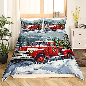 Red Christmas Truck Duvet Cover Set King Size,Winter Snow View Bedding Set for Kids Boys Girls Adults Room Decor,Happy New Year Themed Comforter Cover 3pcs Xmas Pine Quilt Cover,2 Pillowcases