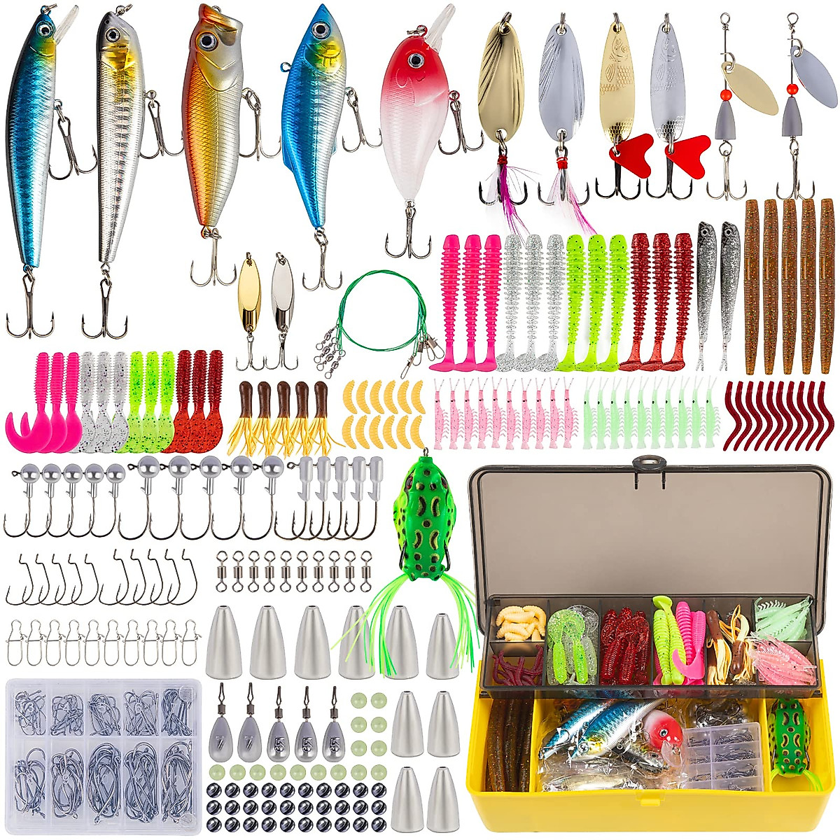 GOANDO Fishing Lures Kit 302Pcs Accessories Set for Bass Trout Salmon with Topwater Lures Crankbaits Spinnerbaits Spoon Worms Jigs and More Fishing Gear with Tackle Box
