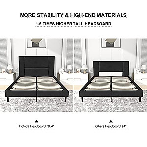 Flolinda Queen Bed Frame, Upholstered Bed Frame Queen Size with Tufted Velvet Headboard, Mattress Foundation, Strong Wood Slat Support Double Bed Frame, No Box Spring Needed, Easy Assembly,Black