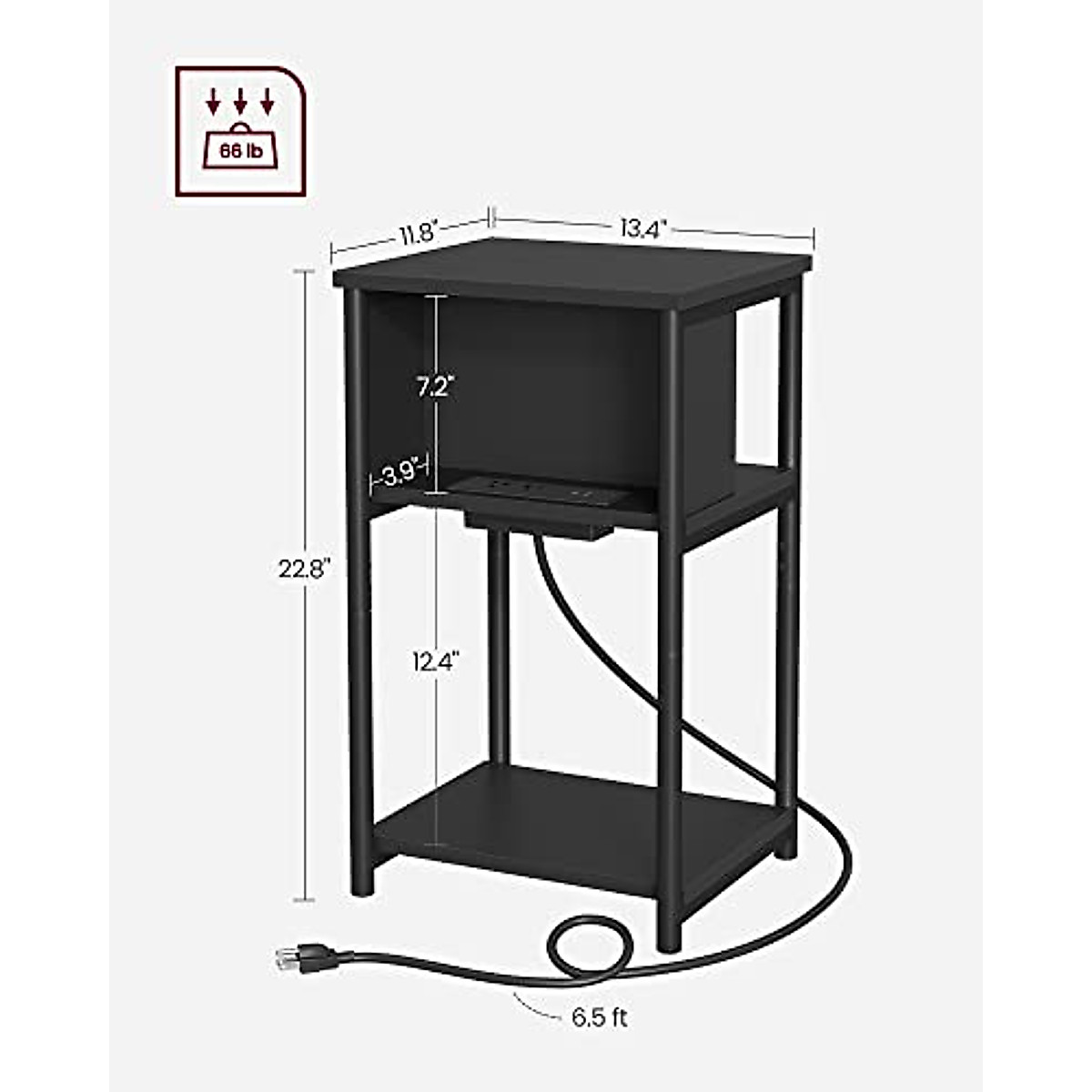 VASAGLE Side Table with Charging Station, 3-Tier End Table with USB Ports and Outlets, Nightstand for Living Room, Bedroom, 11.8 x 13.4 x 22.8 Inches, Plug-in Series, Black