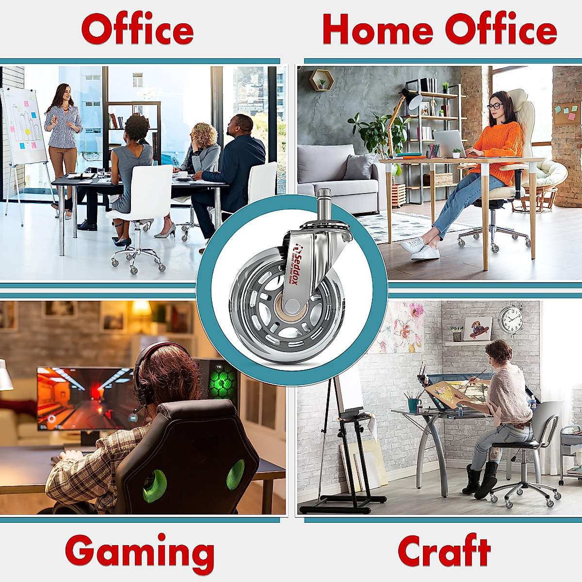 Professional Office Chair Wheels 10mm Stem - FIT IKEA Chairs ONLY - 3'' Replacement Rollerblade Rubber Chair Casters - Best Protection for Your Hardwood Floors Without Any Chair MATS - Silver