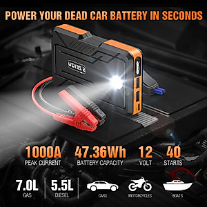 S ZEVZO Jump Starter 1000A Peak Portable Jump Starter for Car (Up to 7.0L Gas/5.5L Diesel Engine) 12V Auto Battery Booster Pack with Smart Clamp Cables, USB Charge, LED Flashlight Jump Box
