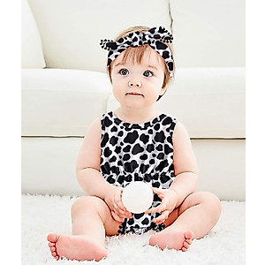 Leapparel Baby Girls Rompers Cute Cow Jumpsuits Infant Boys Outfit Clothes Black Pompom Bodysuits White Baby Playsuit with Bow-Knot Headband for 3-6 Months