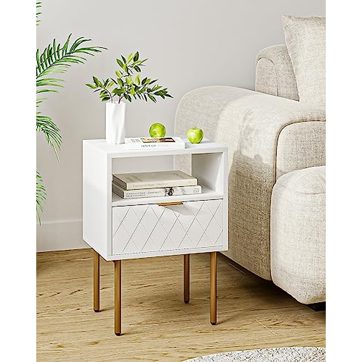 Aobafuir Nightstand, Drawer Dresser for Bedroom, Small Side Table with Drawer, Bedside Furniture, Night Stand, End Table with Gold Frame for Bedroom,Living Room,White