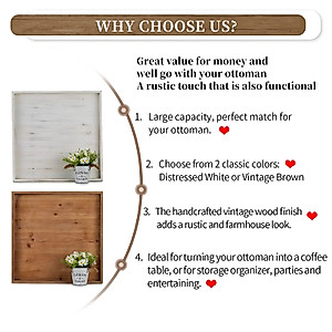 Hanobe Square Large Ottoman Tray: Extra Large Serving Wooden Trays Rustic Decorative Tray for Ottoman Coffee Table with Handles for Living Room White