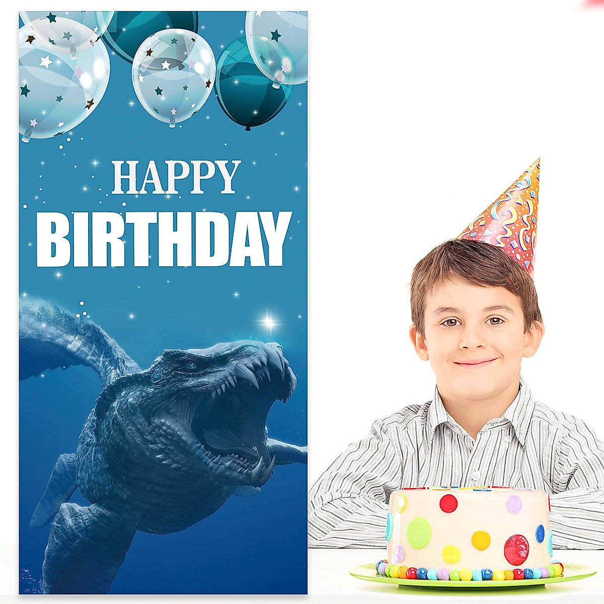Mosasaurus Dinosaur Banner Backdrop Photo Booth Props Realistic Reptilia Animal Water Dino UnderSea Monster Theme Decor for Safari Wild One 1st Birthday Party Baby Shower Favors Supplies Decorations