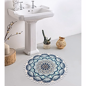 Uphome Small Round Rug 2.3ft Blue Boho Bathroom Rugs with Pom Pom Fringe Non-Slip Washable Mandala Circle Bath Mat Soft Cute Bohemian Throw Rug for Bedroom Sink Dorm Powder Room