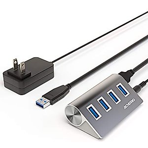 ACHORO 4 Ports Computer USB Hub & Data Transfer Powered USB 3.0 Hub - Premium Quality Extra USB Ports - Aluminium Alloy External USB Port for Computer, Mac, PCs - High-Speed Powered USB Hub (Silver)