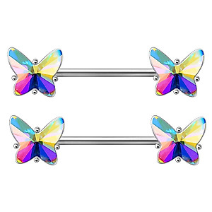 Pierced Owl 14GA Stainless Steel Crystal Aurora Borealis Butterfly Nipple Barbells, Sold as a Pair