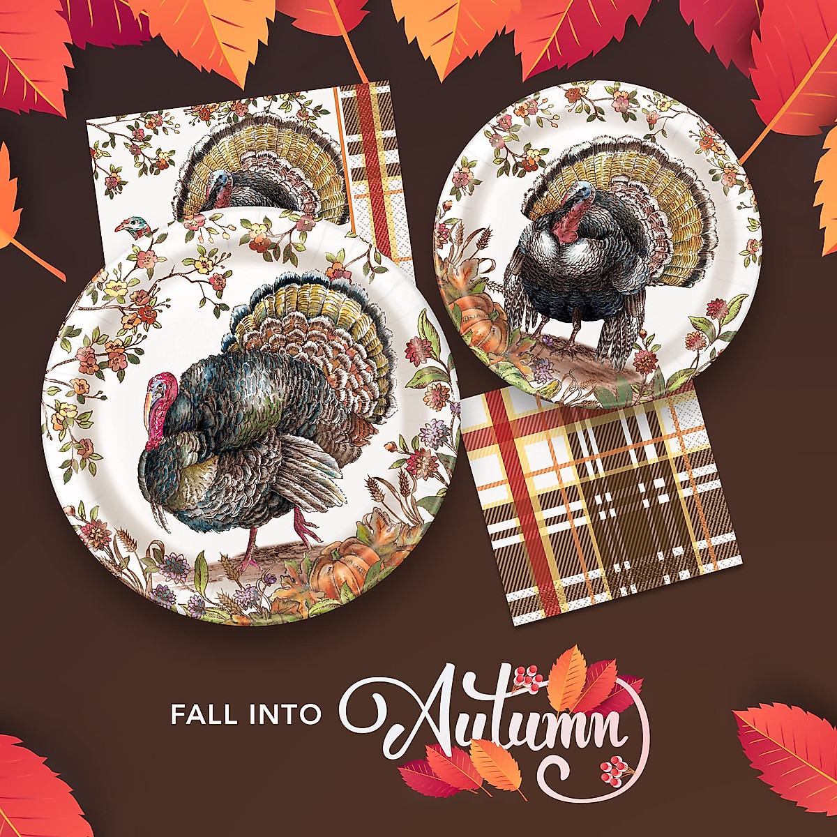 Unique Plaid Turkey Dinnerware Bundle for 8 - Dessert and Dinner Plates, 16 Luncheon & Beverage Napkins - Fall Family Thanksgiving Party Set Decorations Supplies Paper Disposable