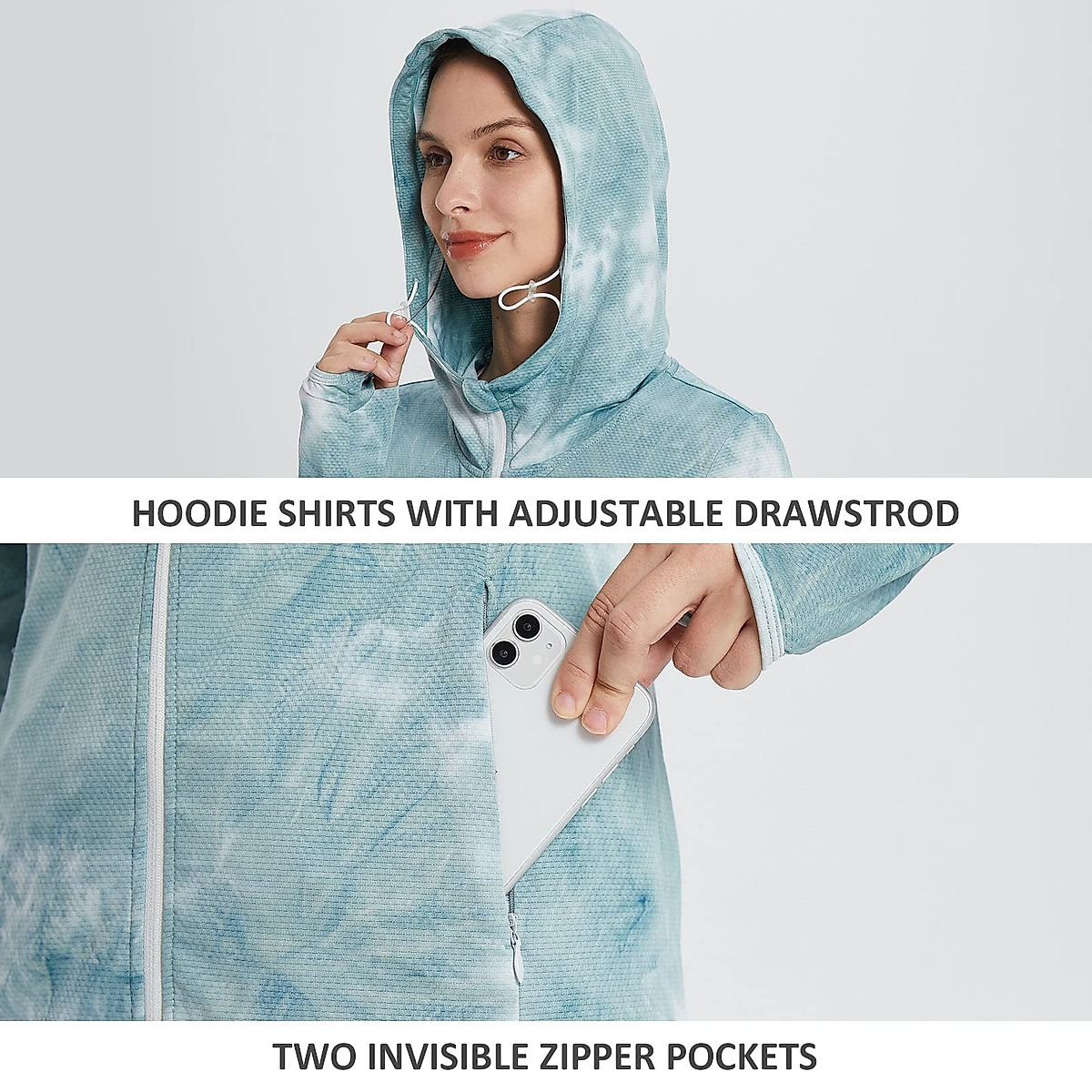 BALEAF Women's Full Zip Quick Dry Lightweight Hooded Shirts Sun Block Long Sleeve Thumb Holes Cooling Jackets Beach Shirts with Zip Pockets Dye Blue M