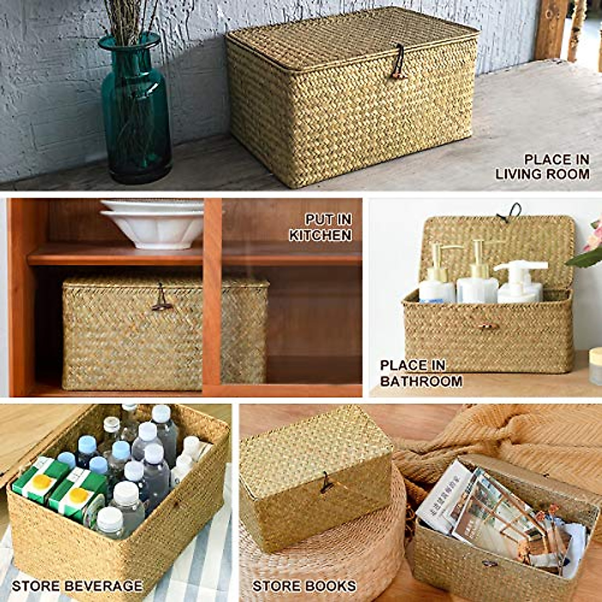 Seagrass Basket Storage Basket with Lid Multipurpose Container for Home Organization - S, woven seagrass basket M, wicker storage baskets L hyacinth baskets