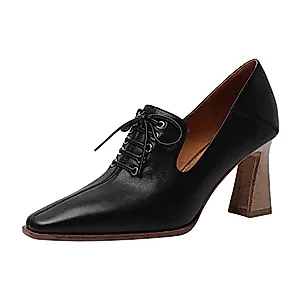 Women's Retro English Style Pointed Thick Heel French Single Shoes Leather Slip on Shoes for Women Casual Black