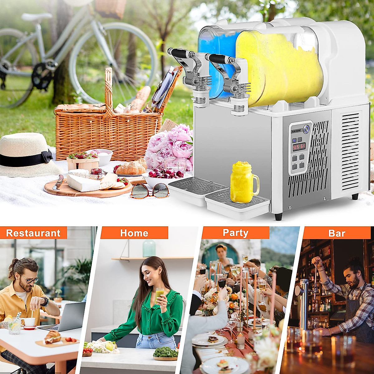 110V 340W Commercial Margarita Machine 2 Tank 6L, Efficient Cooling Commercial Slushy Machine Stainless Stee Frozen Drink Slush Machine for Home Cocktail Ice Coffee