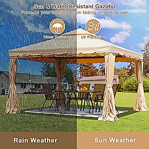 Erommy 10' x 12' Outdoor Canopy Gazebo, Double Roof Patio Gazebo Steel Frame with Netting and Shade Curtains for Garden, Patio, Party Canopy, Beige
