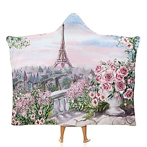 TaoYTao 40"x50" Women Summer Paris Oil Painting Blanket Hoodie, Foldable Wearable Funny Hooded Blanket Robe Cloak, Christmas Birthday Gifts Anniversary For Wife Girlfriend Women