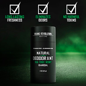 Viking Revolution Tea Tree Deodorant for Men - Natural Deodorant for Men Charcoal Deodorant Men with Shea Butter, Coconut Oil, Baking Soda, Beeswax - Mens Deodorant Aluminum Free (3oz)