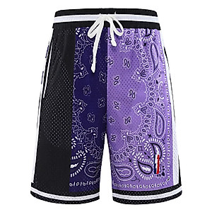 BOOMLEMON Men's Basketball Shorts Workout Athletic Paisley Shorts Mesh Print Running Short Pants(Patchwork Purple XS)