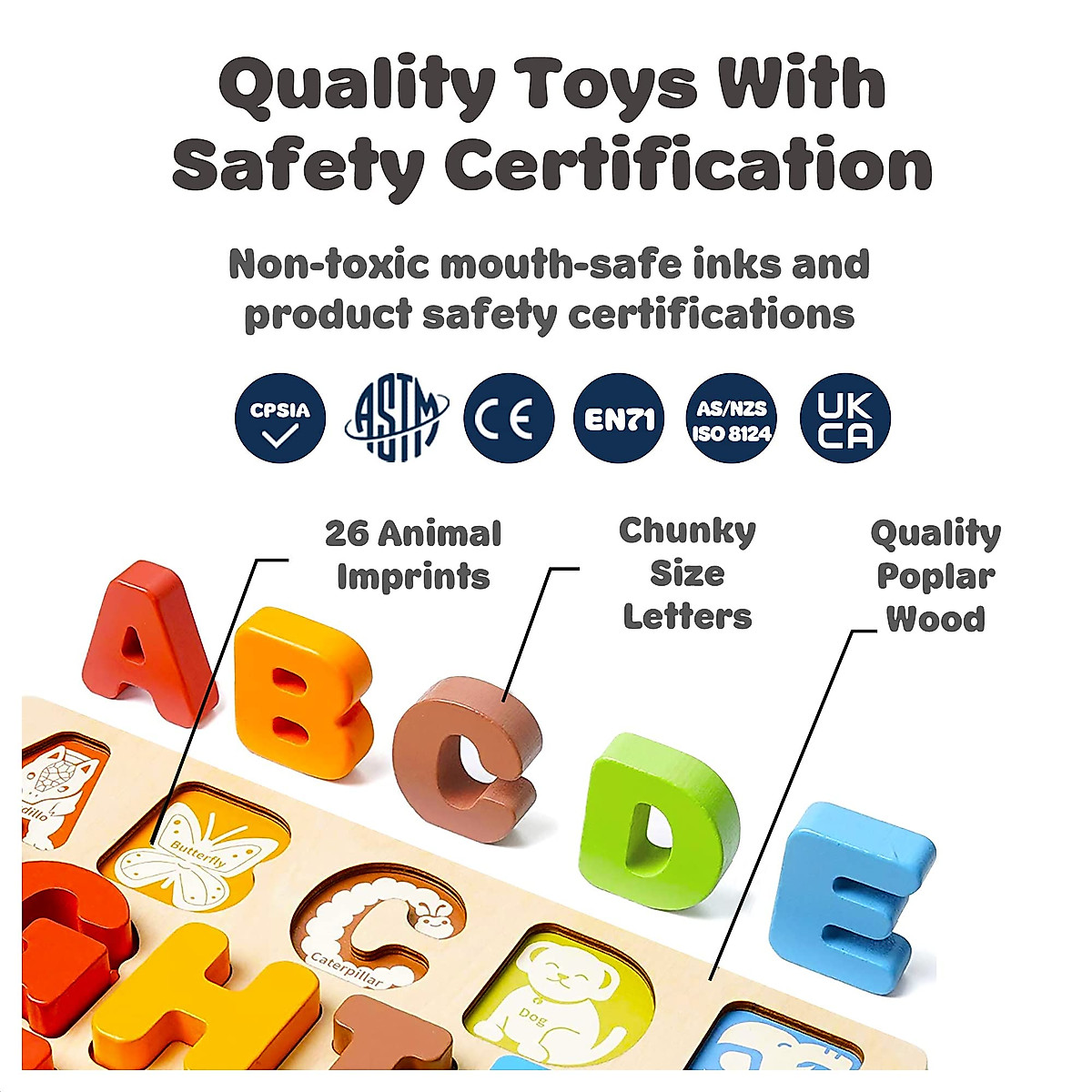 KIPPTO Wooden Alphabet Puzzles. Free Augmented Reality App, Favorite A-Z Animal Imprints with AR Makes Learning Interactive and Fun for Kids. Preschool Montessori Educational Toys 2-4 Years Old.