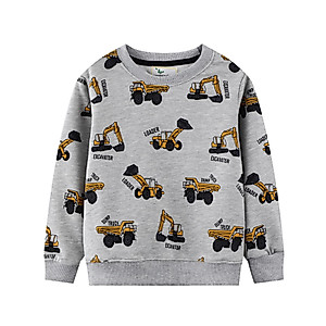 LOKTARC 2 Pack Toddler Boys Sweatshirts Patterned Long Sleeve Pullover Crewneck Tops Shirts Red Dinosaur + Grey Excavator 4-5 Years/Size 5T