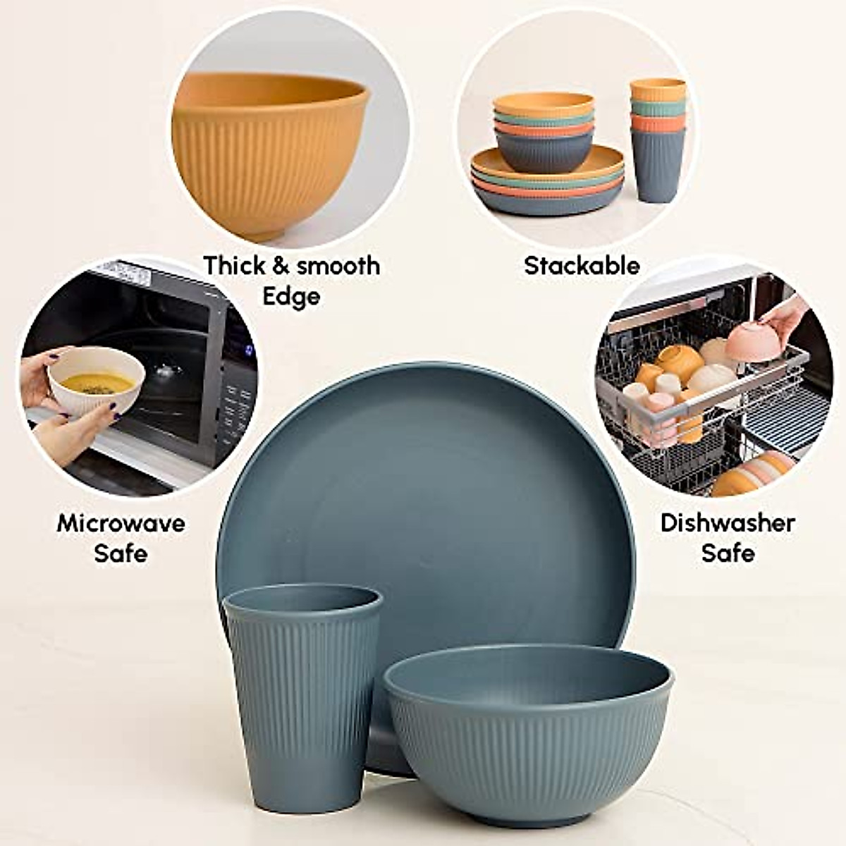Wheat Straw Dinnerware Sets -Multicolor Dinnerware set w/Wheat Straw Plates, Bowls & Utensils - Dishwasher & Microwave-Safe Dishes Set for 4 - Seniors & Kids Plates and Bowls Sets by Slow Hour