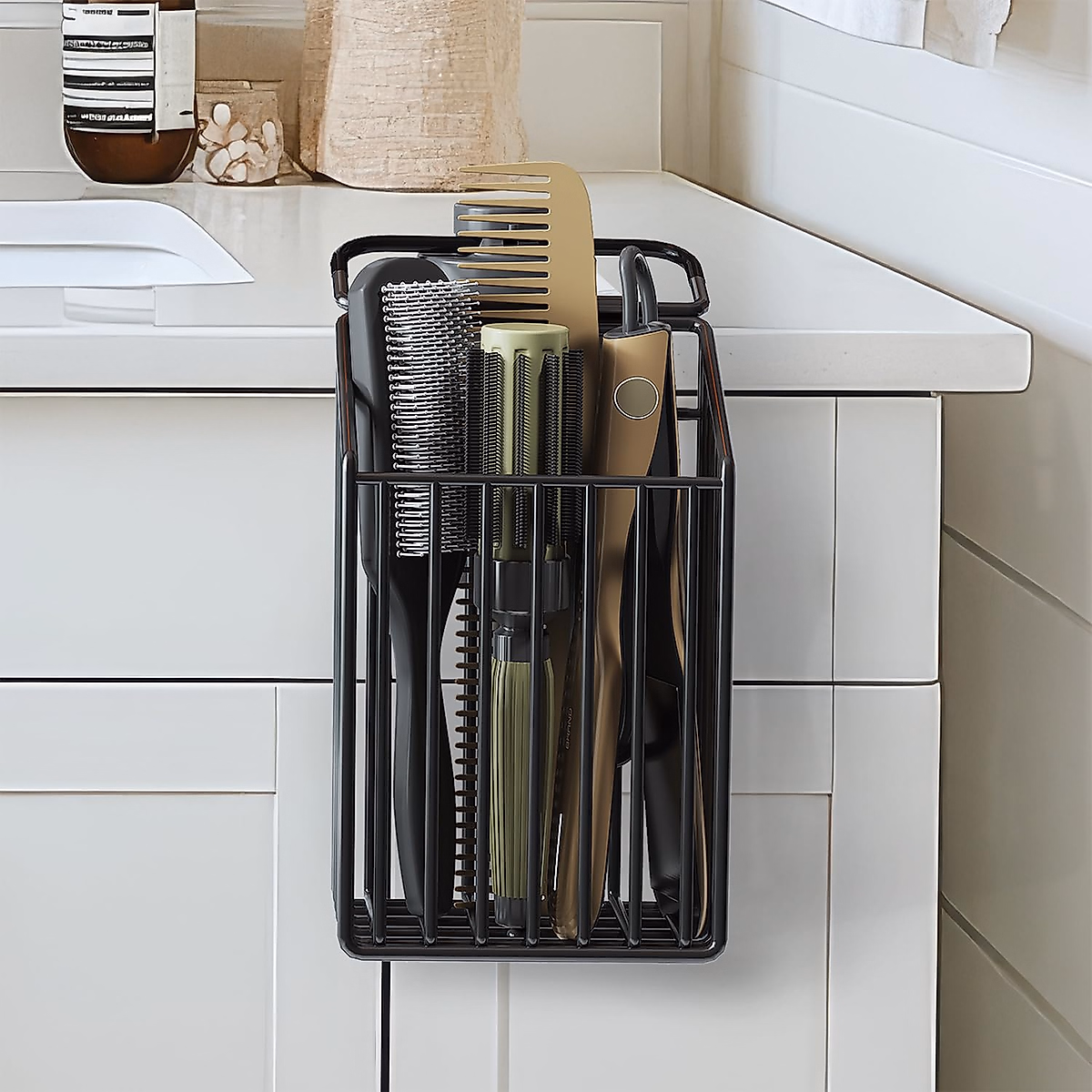 NiHome Hot Hair Tool Holder Basket, Versatile Storage for Curling Irons and Heat Tools with Suction Cup and Hook Installation, Sturdy Iron Multifunctional Use for Bathroom Countertop Organization