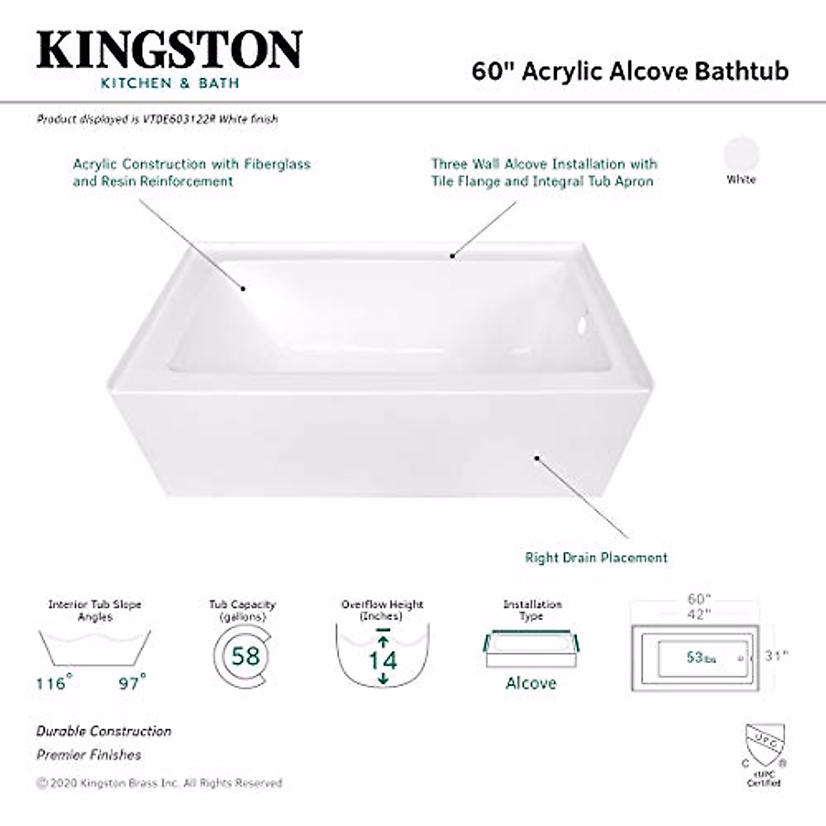 KINGSTON BRASS VTDE603122R 60-Inch Contemporary Alcove Acrylic Bathtub with Right Hand Drain and Overflow Holes, White