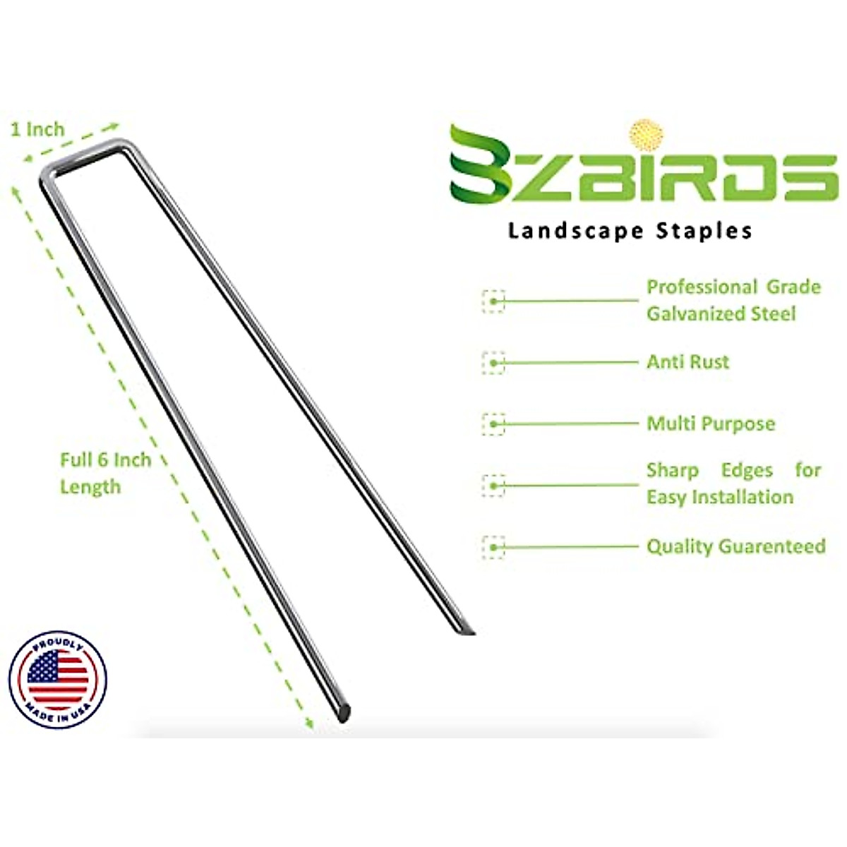 BzBirds USA Made 6 inch 11 Gauge Garden Landscape Staples Galvanized SOD Pins Lawn Stakes for Weed Barrier Fabric, Ground Cover, Holding Fence and Artificial Turf