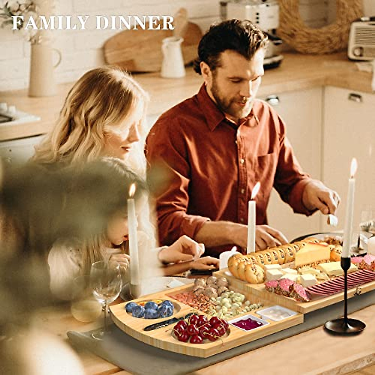 Cheese Board Charcuterie Board Set - Swiveling Wine Meat Cheese Platter Bamboo Cheese Server with Knives, Forks, Wine Opener, Ceramic Bowls for Gathering Party - Warming Gift for Women Friend