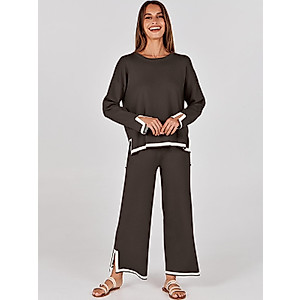 ANRABESS Women's Two Piece Outfits Long Sleeve Knit Pullover Sweater Tops & Wide leg Pants Casual Lounge Matching Sweatsuit Tracksuits Sets Coffee Large