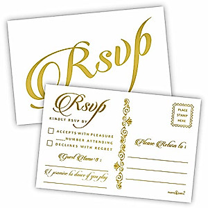 PARTH iMPEX RSVP Postcards for Wedding - (Pack of 50) Gold Foil Stamping with Mailing Side 4"x6" Response Cards All Occasion Mailable - White