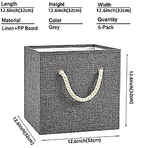 Yawinhe Collapsible Storage Basket 6-Pack, Open Storage Cube Bins with Thick Rope Handles, for Organizing, Shelves, Toys, Clothes, Office, 12.6x12.6x12.6in, Grey, SNK033G-6