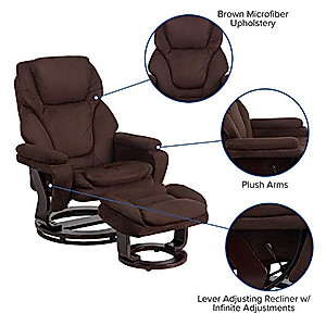 Flash Furniture Contemporary Multi-Position Recliner and Ottoman with Swivel Mahogany Wood Base in Brown Microfiber