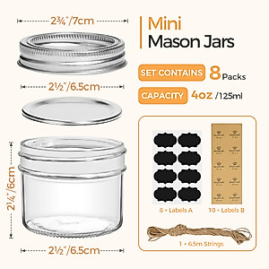 ComSaf Mini Mason Jars 4oz - 8 Pack, Regular Mouth Mason Jar with Lids and Seal Bands, Small Glass Canning Jar for Spice, Jam, Honey, Jelly, Dessert, Shower Wedding Favors, DIY Candles Decor