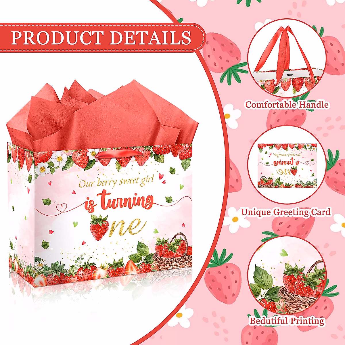 Strawberry 1st Birthday Gift Bag Berry Birthday Decorations Large Sweet One Birthday Wrapping Bag with Tissue Paper and Greeting Card for Baby Girl Christmas Xmas First Birthday Party Supplies